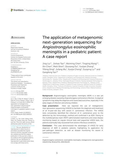 Pdf The Application Of Metagenomic Next Generation Sequencing For Angiostrongylus Eosinophilic