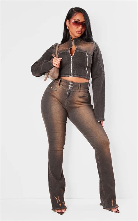 Shape Brown Denim High Waist Ripped Hem Jeans Shape Plt