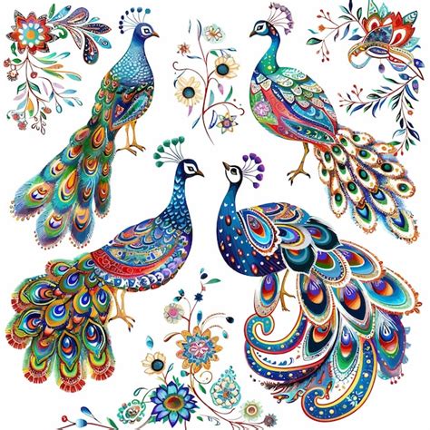 A Colorful Picture Of Two Peacocks And One Has A Peacock On It