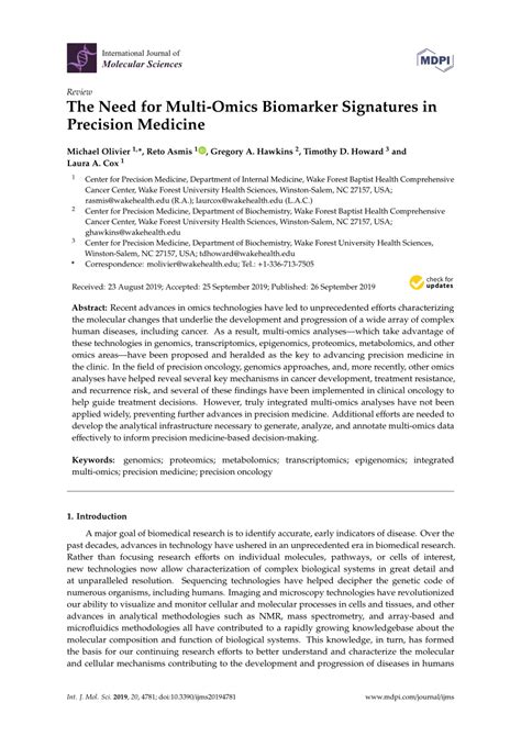 PDF The Need For Multi Omics Biomarker Signatures In Precision Medicine