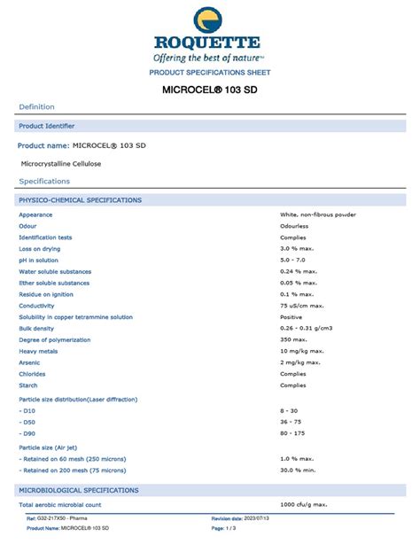 Roquette Quality Specification Sheet Microcel 103 Sd 50