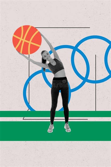 Creative Trend Collage Of Female Holding Basketball Ball Train Exercise