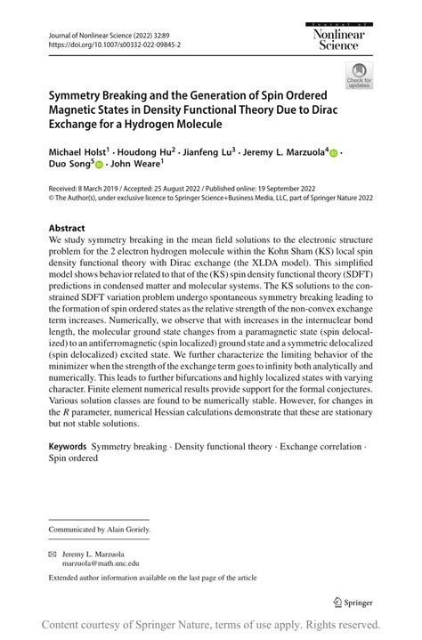 Symmetry Breaking And The Generation Of Spin Ordered Magnetic States In Density Functional