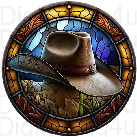 Cowboy Hat Western Stained Glass Round Png Sublimation Digital Etsy