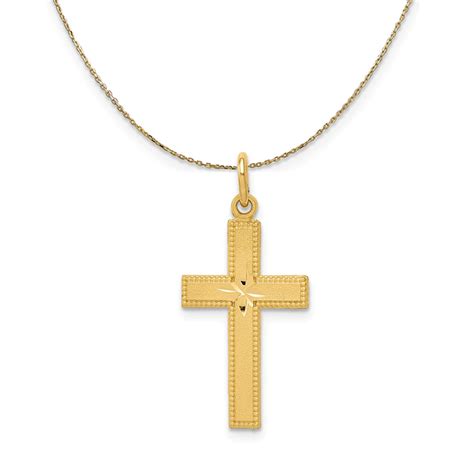 14k Yellow Gold Diamond Cut Latin Cross Necklace 18 Inch Black