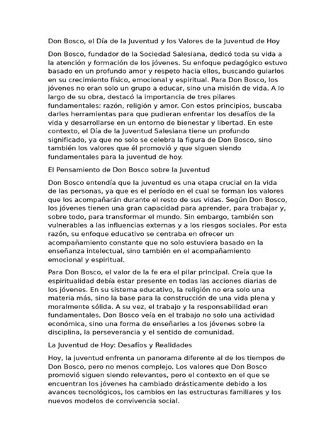Valores De Don Bosco En La Juventud Actual Pdf Nación Juventud
