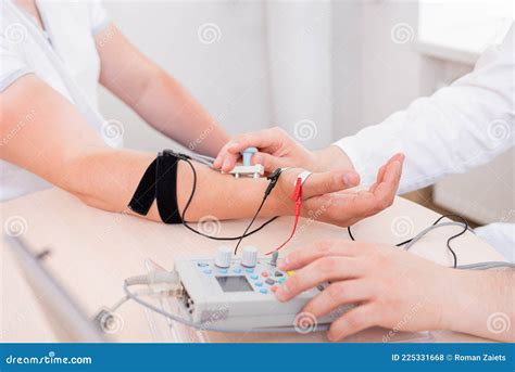 Patient Nerves Testing Using Electromyography At Medical Center Stock