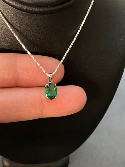 Tiny Emerald Cz Necklace Sterling Silver Oval Cut Pendant May