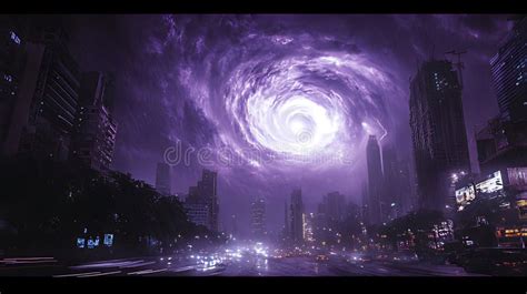 Purple Vortex Swirling Above A City At Night Stock Illustration