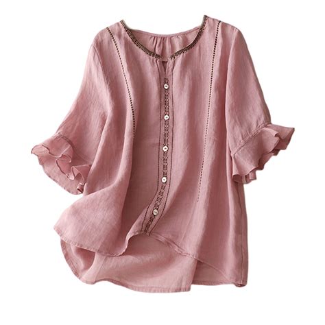Jtjvou Linen Shirts For Women Summer Embroidery Blouses With 34 Sleeve