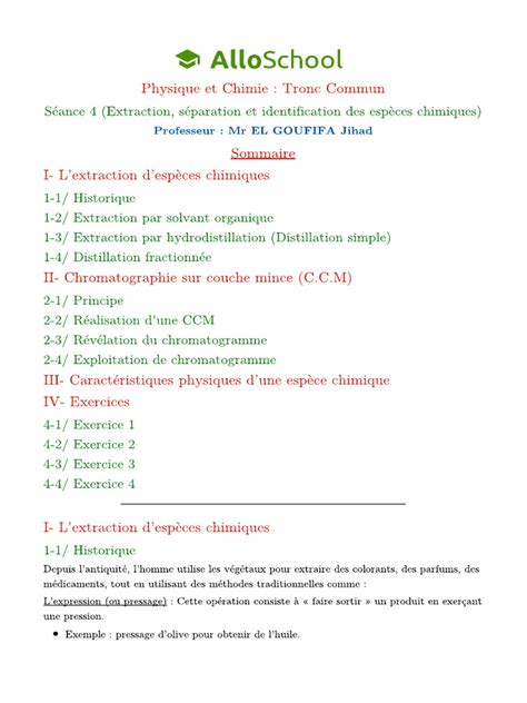 Seance 4 Extraction Separation Et Identification Des Especes Chimiques Pdf