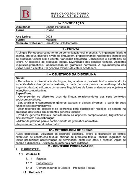 Plano De Ensino Anual 6º Ano Pdf Linguística Gramática
