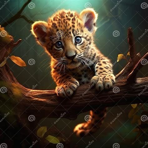 Spotted Leopard Cub Prowling On A Branch 7 Weeks Old Made With Generative Ai Illustration Stock
