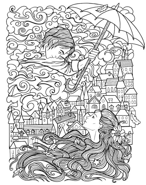 로맨틱 라인 아트 컬러링 페이지 사랑하는 커플 긴 머리카락을 가진 소녀와 우산을 들고 있는 소년 프리미엄 벡터