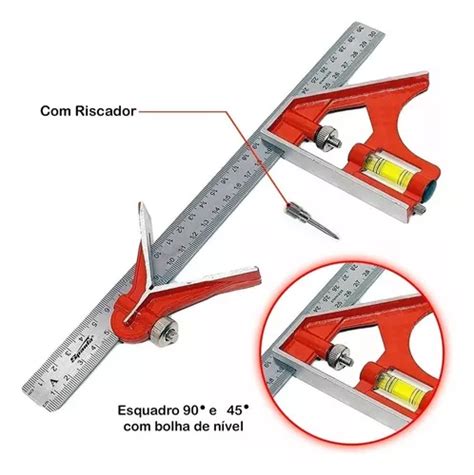 Esquadro Combinado Inox C Nivel Regua 300mm 12 Polegadas Parcelamento Sem Juros