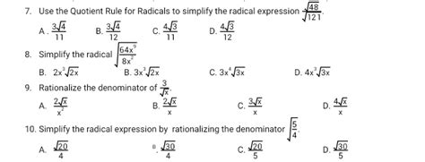 Solved Use The Quotient Rule For Radicals To Simplify The Radical Expression Sqrt 48 Sqrt 121