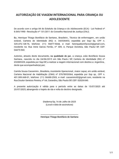 Autorização De Viagem Internacional Infantil Pdf