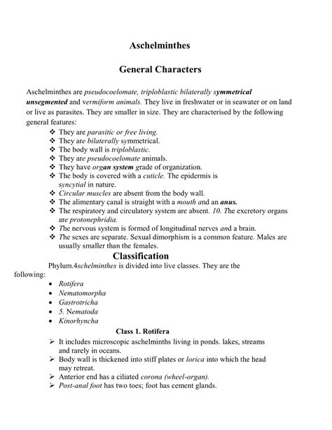 Aschelminthes General Characters Classification Docslib