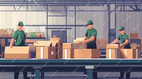 Three Warehouse Workers Sorting Cardboard Boxes On A Conveyor Belt