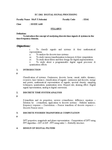 Digital Signal Processing Syllabus Pdf Digital Signal Processing
