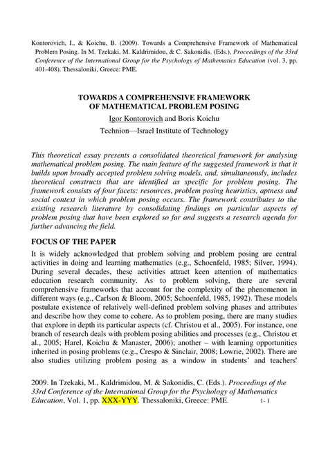 Pdf Towards A Comprehensive Framework Of Mathematical Problem Posing