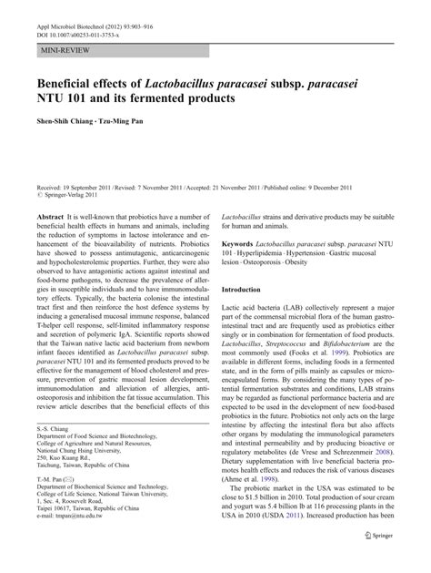 Pdf Beneficial Effects Of Lactobacillus Paracasei Subsp Paracasei Ntu 101 And Its Fermented
