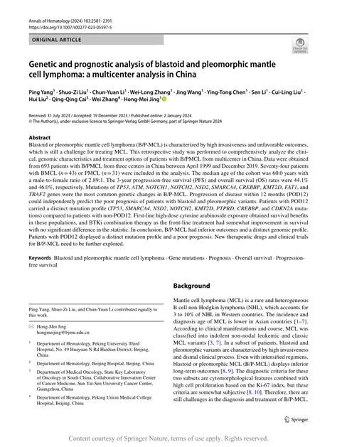 Genetic And Prognostic Analysis Of Blastoid And Pleomorphic Mantle Cell Lymphoma A Multicenter