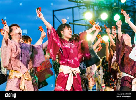 Yosakoi Festival Dance Team Mainly Young Women Holding Naruko Arms