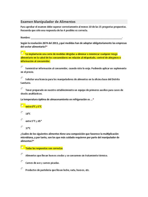 Examen Manipulador De Alimentos Pdf Alimentos Enfermedades