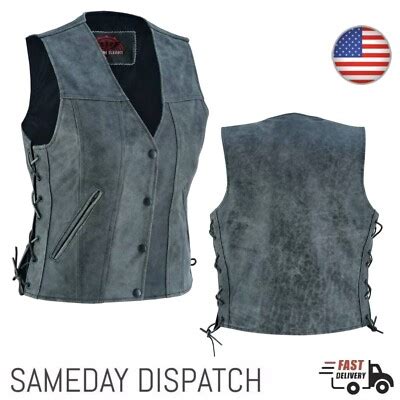 Women Gray Motorcycle Biker Genuine Cowhide Classic Leather Vest And 2