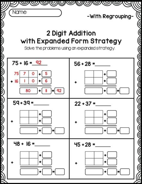 2 Digit Addition With Expanded Form Strategy With Regrouping Workheet