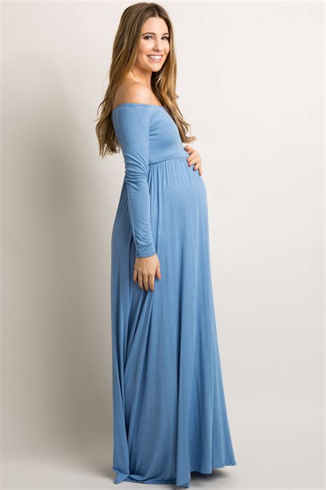 Pinkblush Blue Solid Off Shoulder Maternity Maxi Dress