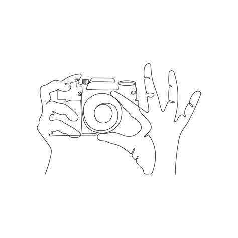 Hands Holding Photo Camera And Making Pictures One Line Art Drawing