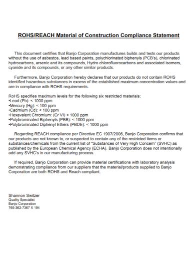 Free 10 Material Compliance Statement Samples In Pdf Doc