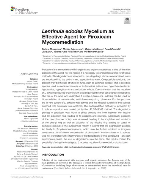 Pdf Lentinula Edodes Mycelium As Effective Agent For Piroxicam Mycoremediation