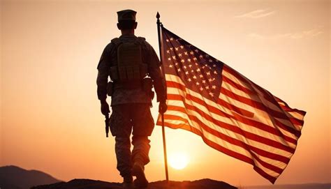 Brave Soldier Standing Proud With Usa Flag At Sunrise Premium Ai