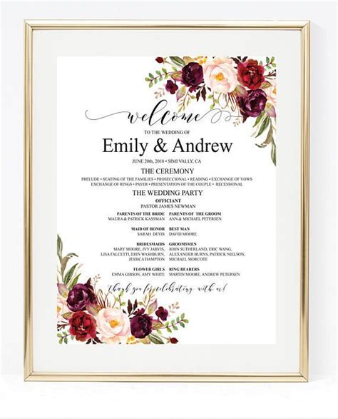 Burgundy Wedding Program Poster Template Large Wedding Program Ceremony Program Weddi