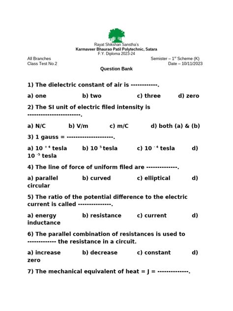 Fy Diploma 2023 24 Class Test Question Bank Pdf Series And