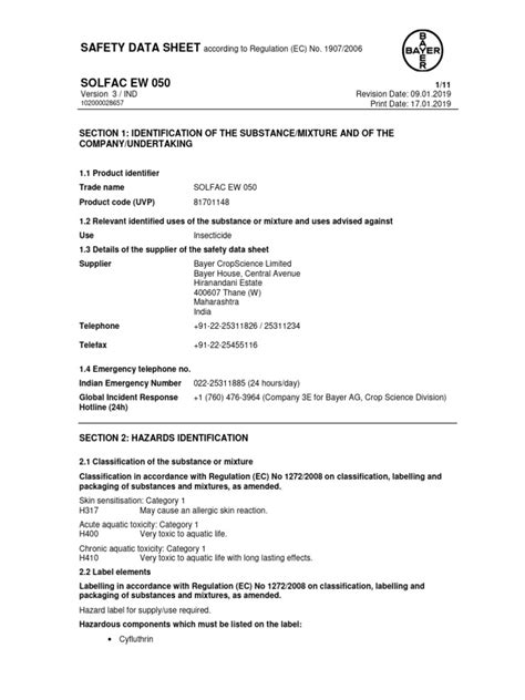 Solfac 050 Ew Msds Ind Pdf Dangerous Goods Toxicity