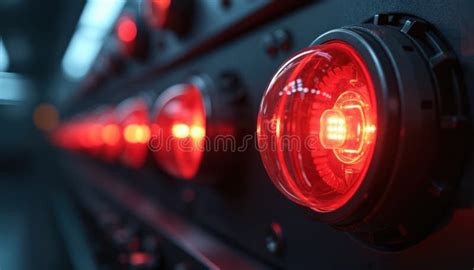 Red Alert Lamps Glow On Dark Panel Indicating Emergency Or Warning