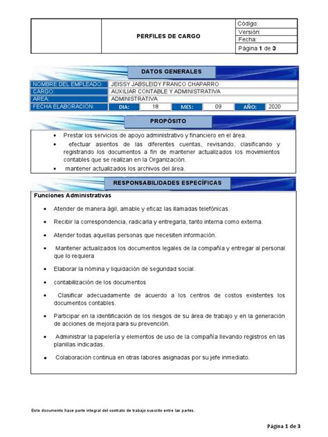 Formato Ejemplo Perfil De Cargo Auxiliar Contable Pdf Contabilidad