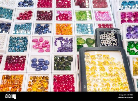 Showcase With Gemstones A Close Up A Shop At The Central Market