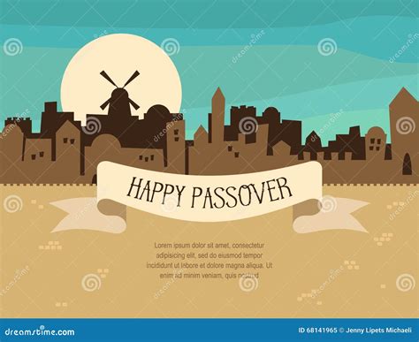 Happy Passover Greeting Card Design With Jerusalem City Skyline Vector Illustration