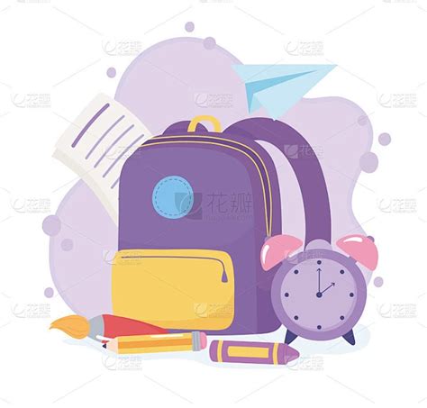 回到学校，背包里的蜡笔和画笔，初等教育卡通素材 花瓣网