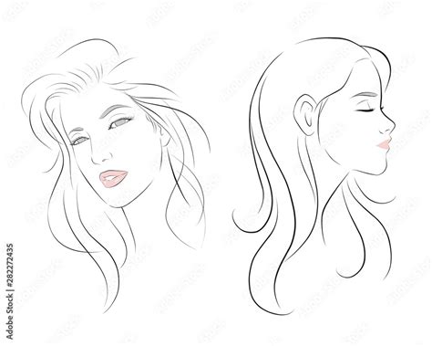 Girl Face Long Hair Portrait Isolated On White Background Hand Drawn