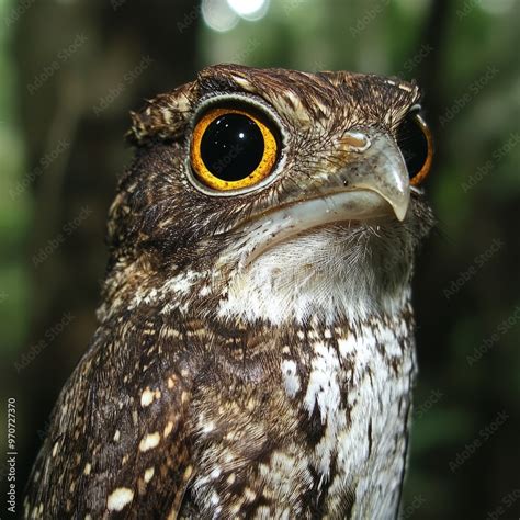 A Potoo Bird Is Seen In A Close Up Shot That Highlights Its Unusual