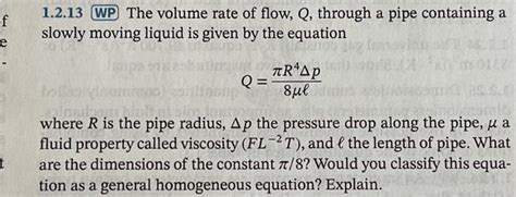 Solved 1213 Wp The Volume Rate Of Flow Q Through A Pipe