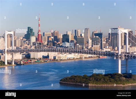 Asia Japan Tokyo Tokyo Bay Odaiba Rainbow Bridge Tokyo Tower And The