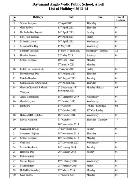 Dav Holiday List 13 14 Pdf Holidays Religious Holidays