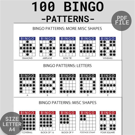 100 Bingo Patterns Printable Fun Bingo Party Game Bingo Winning